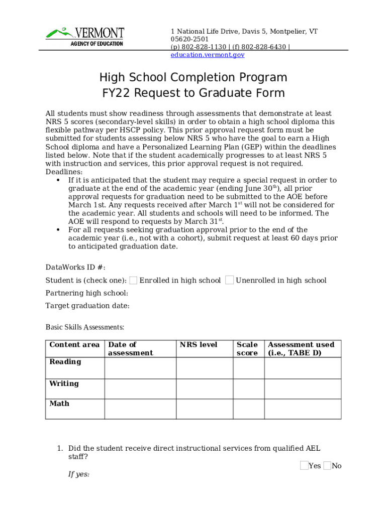 HSCP Request to Graduate FY22 - education vermont Doc Template | pdfFiller