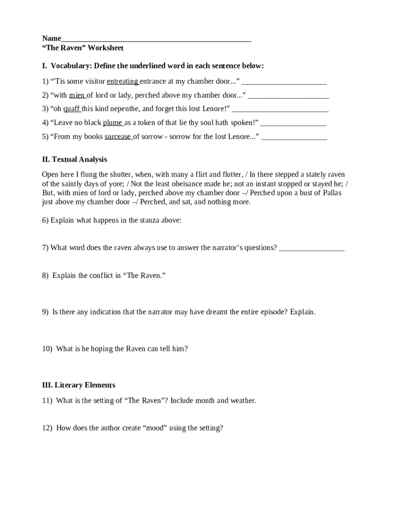 Raven Worksheet - Reading - Name Choose 10 ... Doc Template | pdfFiller