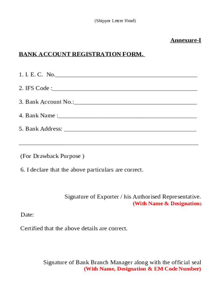 Bank Account Registration for Drawback Doc Template | pdfFiller