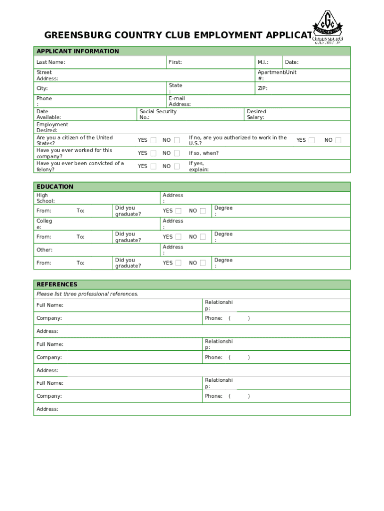 GREENSBURG COUNTRY CLUB EMPLOYMENT APPLICATION Doc Template | pdfFiller