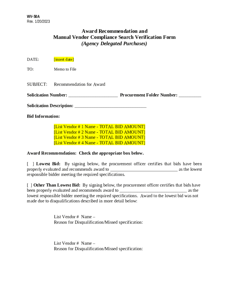 Award Recommendation and Manual Vendor Compliance ... Doc Template ...