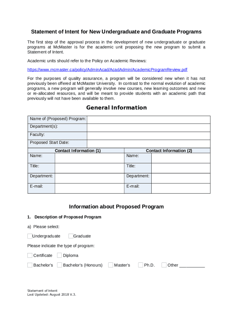 Statement of Intent - IQAP - McMaster University Doc Template | pdfFiller