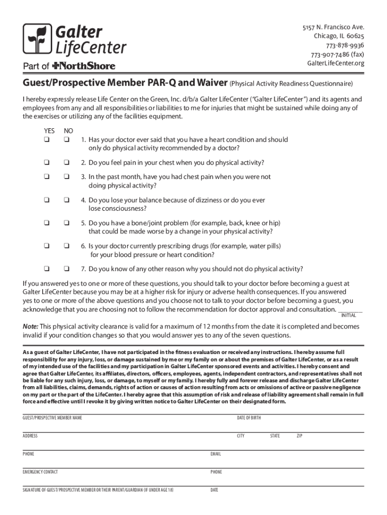 Fillable Online Guest/Prospective Member PAR-Q and Waiver(Physical ...