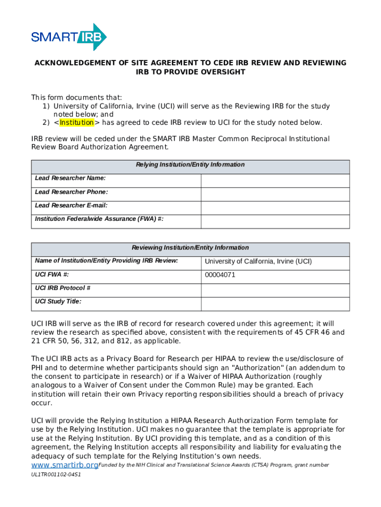Acknowledgement of Site Agreement to Cede IRB Review ... - research uci Doc Template | pdfFiller
