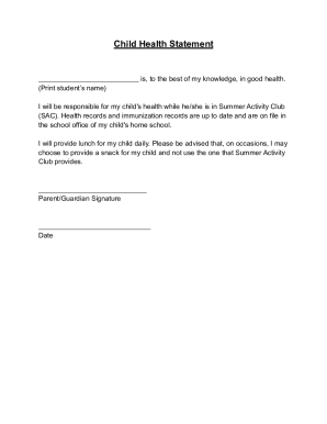 Fillable Online Child Health StatementSummer Activity Club (SAC) Fax ...