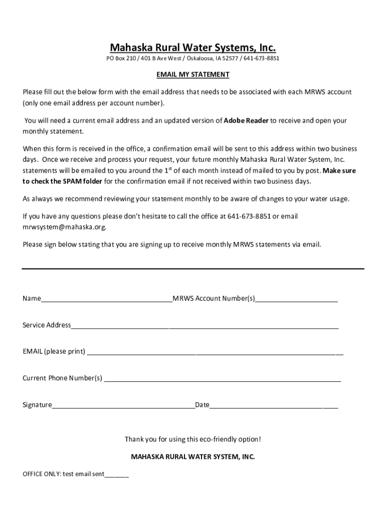Fillable Online All Forms & ReportsMahaska Rural Water System, Inc. Fax ...