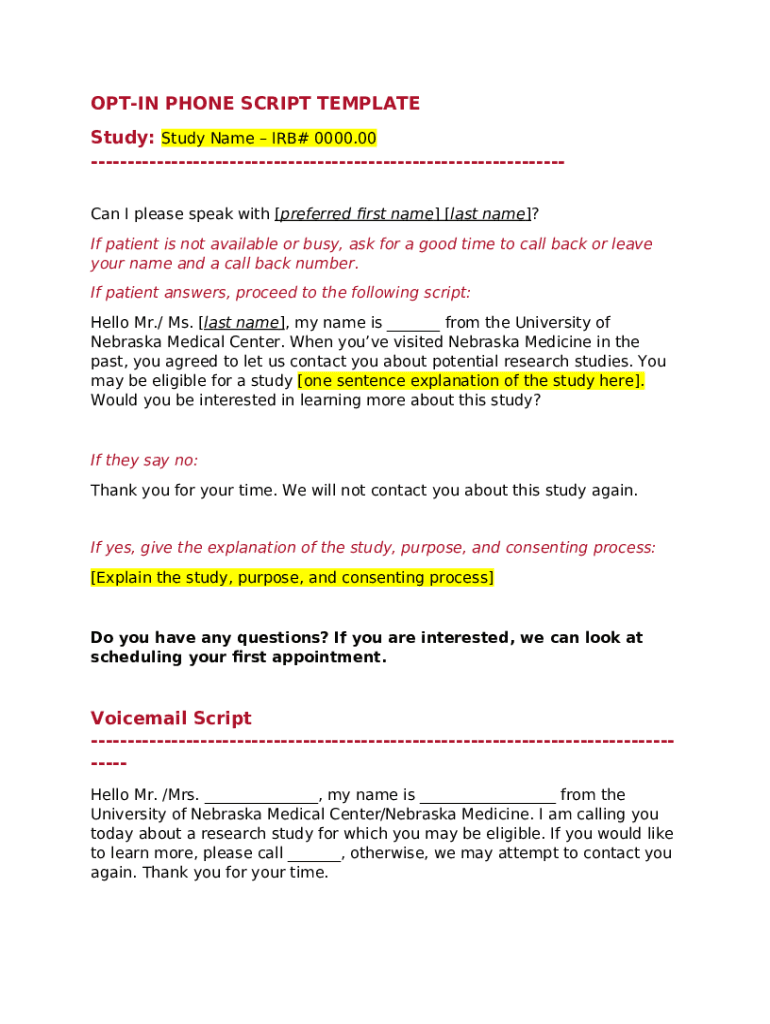 OPT-IN PHONE SCRIPT TEMPLATE Study Doc Template | pdfFiller