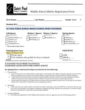 Fillable Online Middle School Athletic Registration Form Fax Email ...