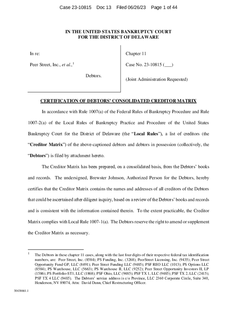 Fillable Online CERTIFICATION OF DEBTORS CONSOLIDATED CREDITOR MATRIX ...