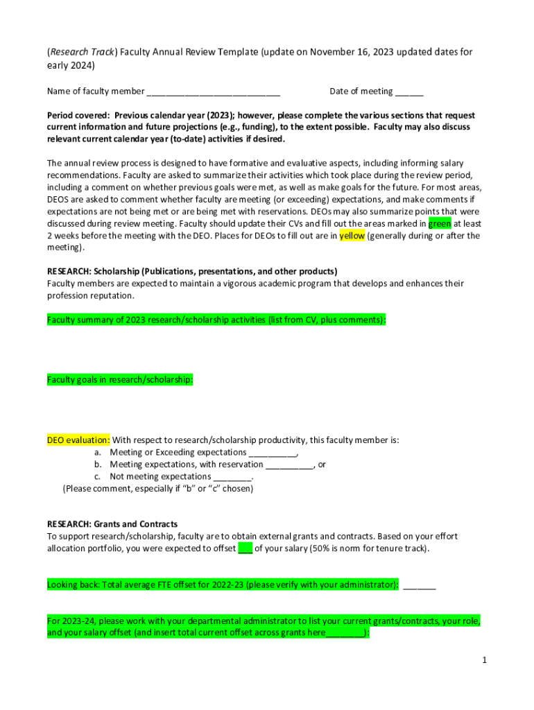 Fillable Online (Research Track) Faculty Annual Review Template (update ...
