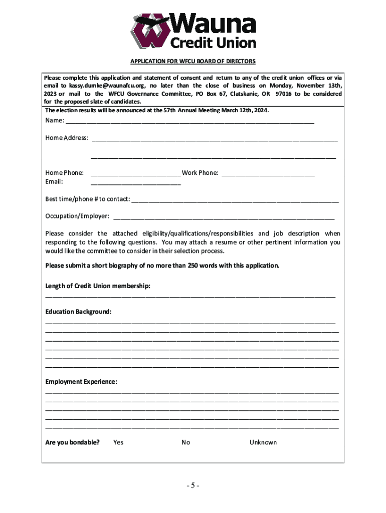 Fillable Online Wauna Credit Union Board of Directors Application. Application for WCU Board of ...