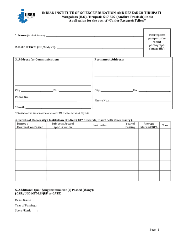 Fillable Online IISER Tirupati MSc Biology JRF/PA Job Recruitment ...