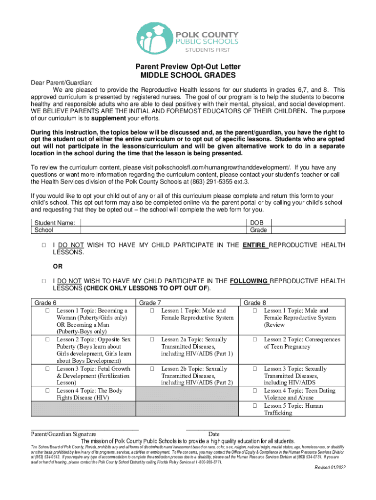Fillable Online Parent Preview Opt-Out Letter MIDDLE SCHOOL GRADES Fax ...
