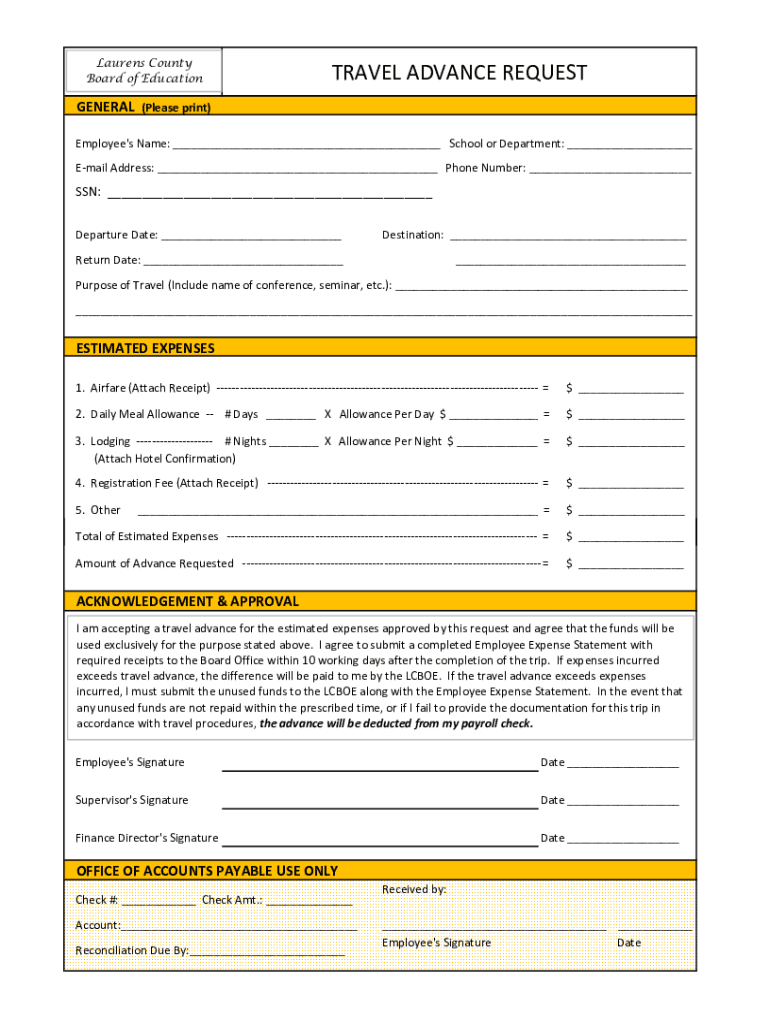 Fillable Online Travel Advance Request.xlsx Fax Email Print - pdfFiller