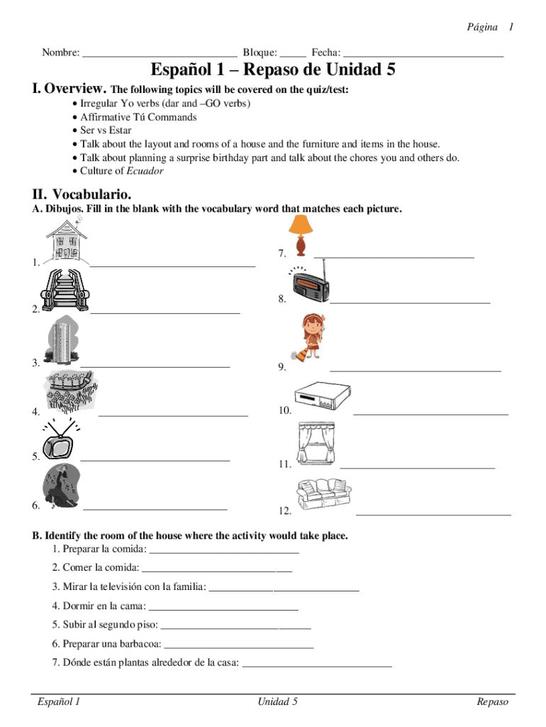 Completable En línea Spanish 1 - Unit 5 - Review Packet Fax Email ...