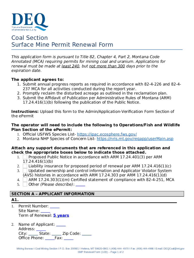 Coal Section Surface Mine Permit Renewal - deq mt Doc Template | pdfFiller