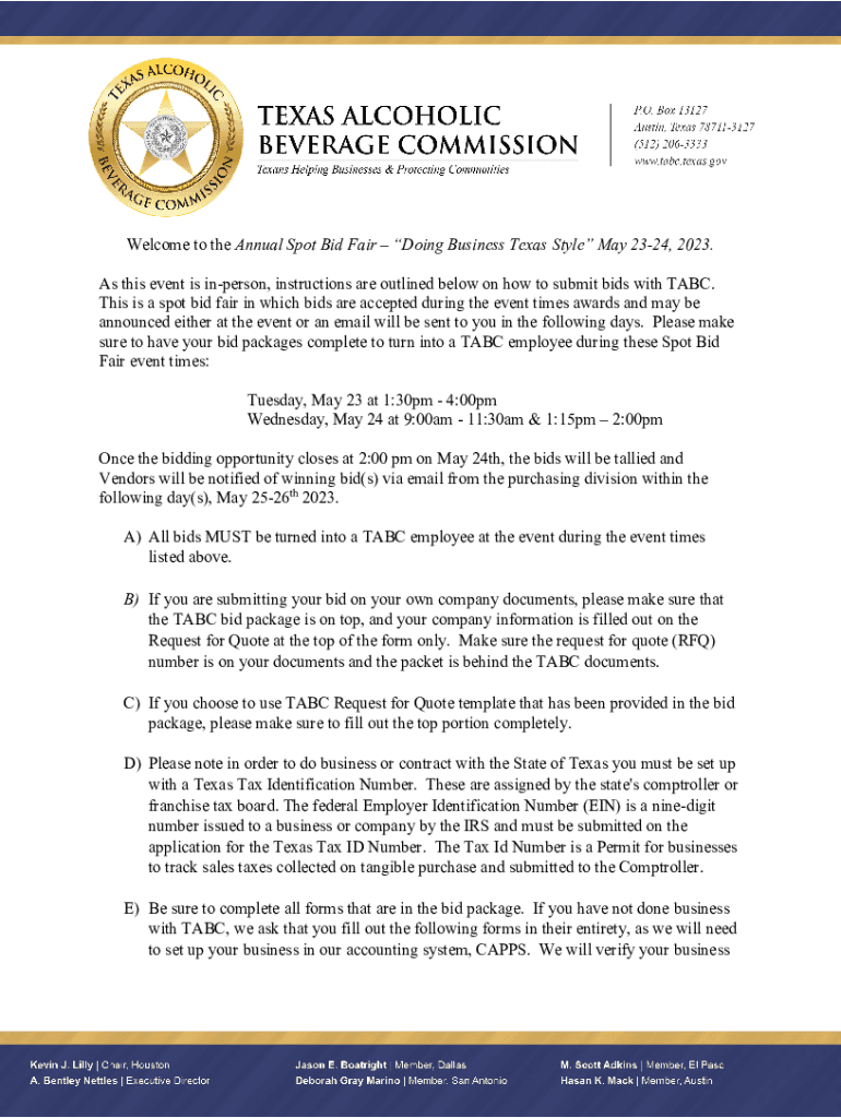 Fillable Online Welcome to the Annual Spot Bid Fair Doing Business ...