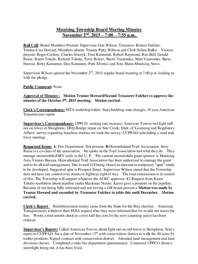 Fillable Online 7:40 p.m. Roll Call: Board Members Present Fax Email ...