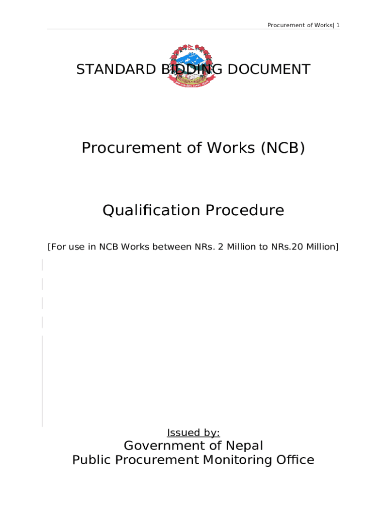 SBD Procurement of Works, (NCB), With Qualification Requirement - ppmo gov Doc Template | pdfFiller