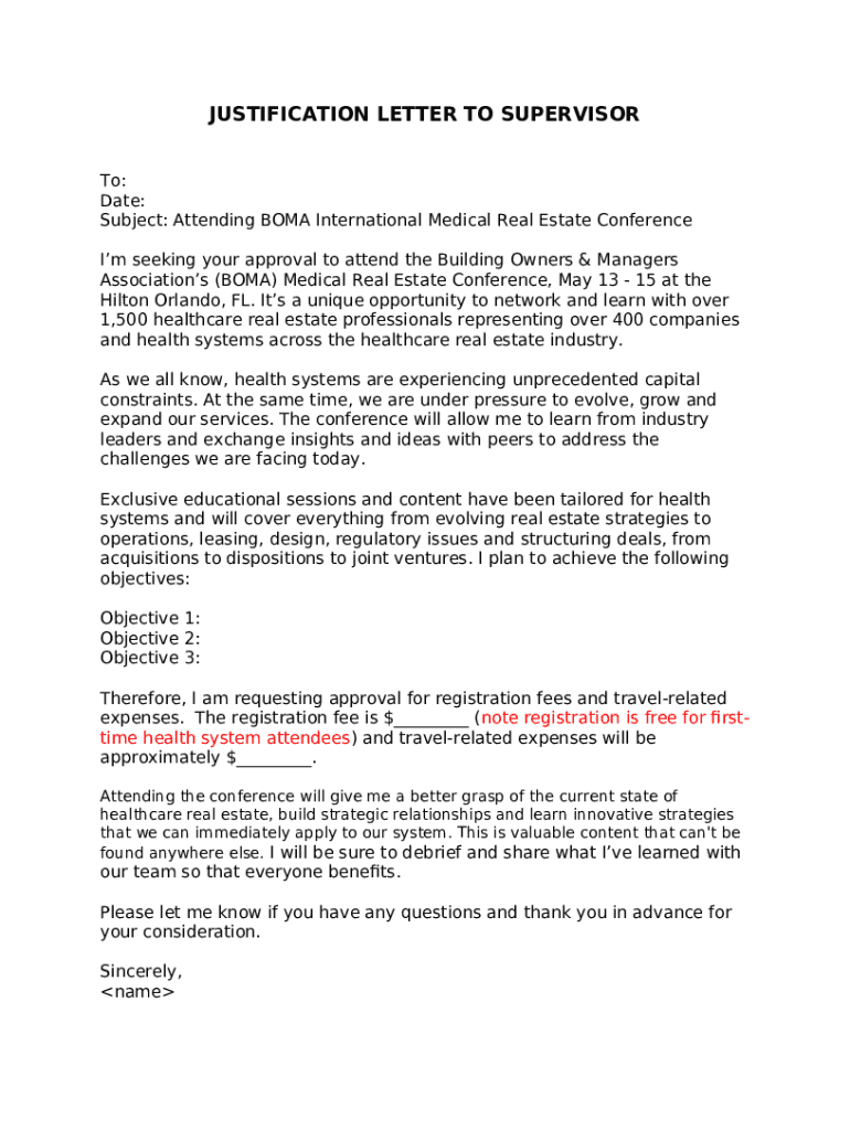 justification letter to supervisor - mob boma Doc Template | pdfFiller