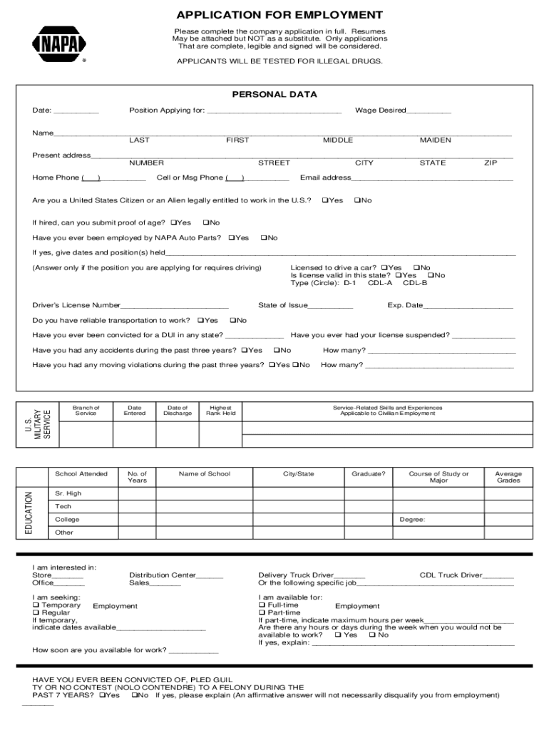 Fillable Online NAPA Auto Parts Employment FormNew Ulm, MN Fax Email ...