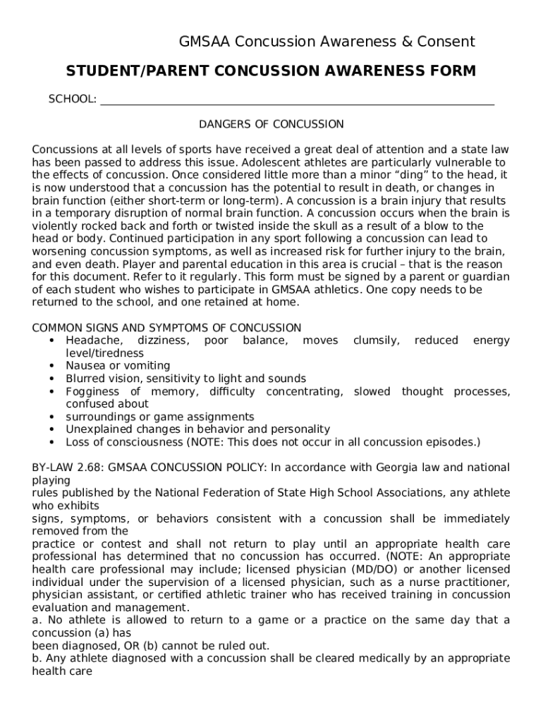 StudentParent Concussion Awareness SCHOOL ... Doc Template | pdfFiller