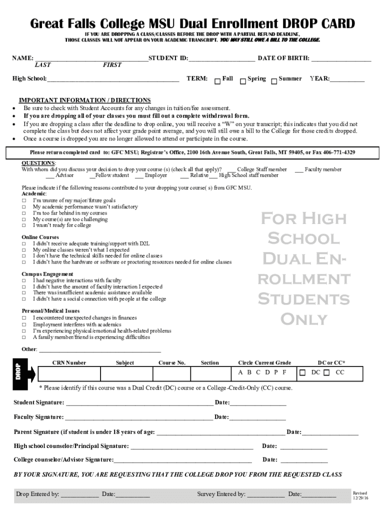 Fillable Online admissions gfcmsu What happens if you drop a class as a ...