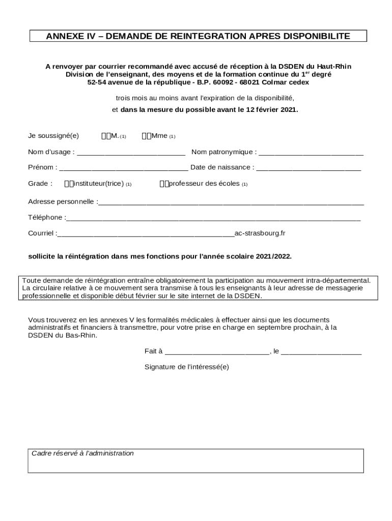 annexe ivdemande de reintegration apres disponibilite Doc Template ...