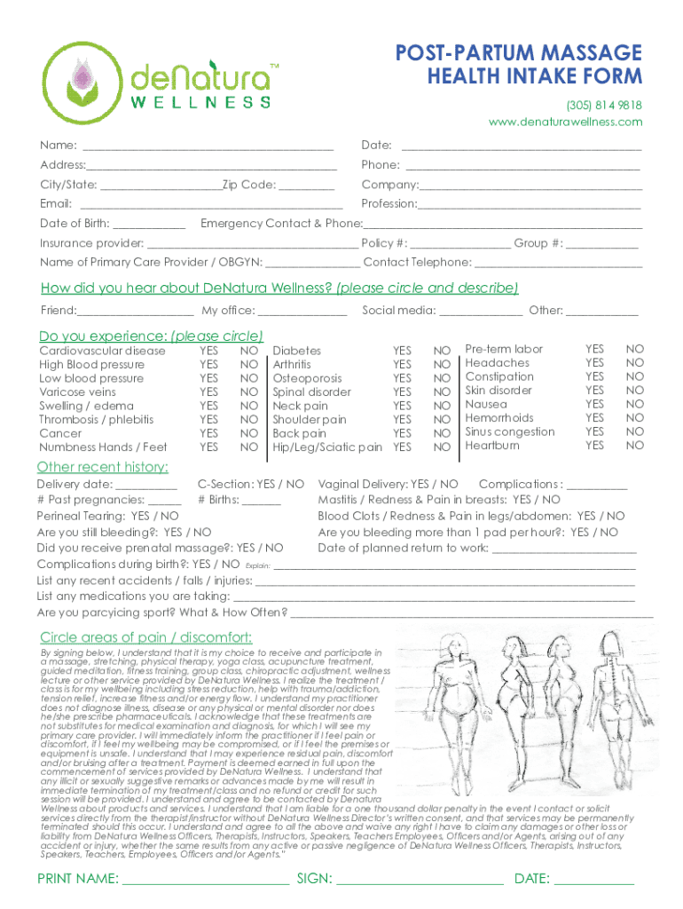 Fillable Online POST-PARTUM MASSAGE HEALTH INTAKE FORM Fax Email Print ...