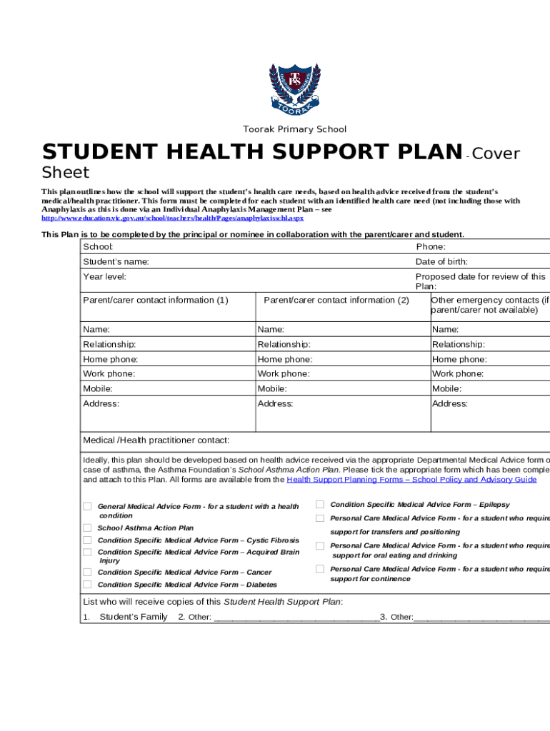 Student Health Support Plan: Cover SheetPDFCaregiver Doc Template ...