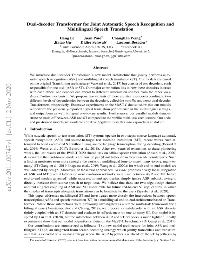 Fillable Online Dual Decoder Transformer For Joint Automatic Speech Recognition And Multilingual