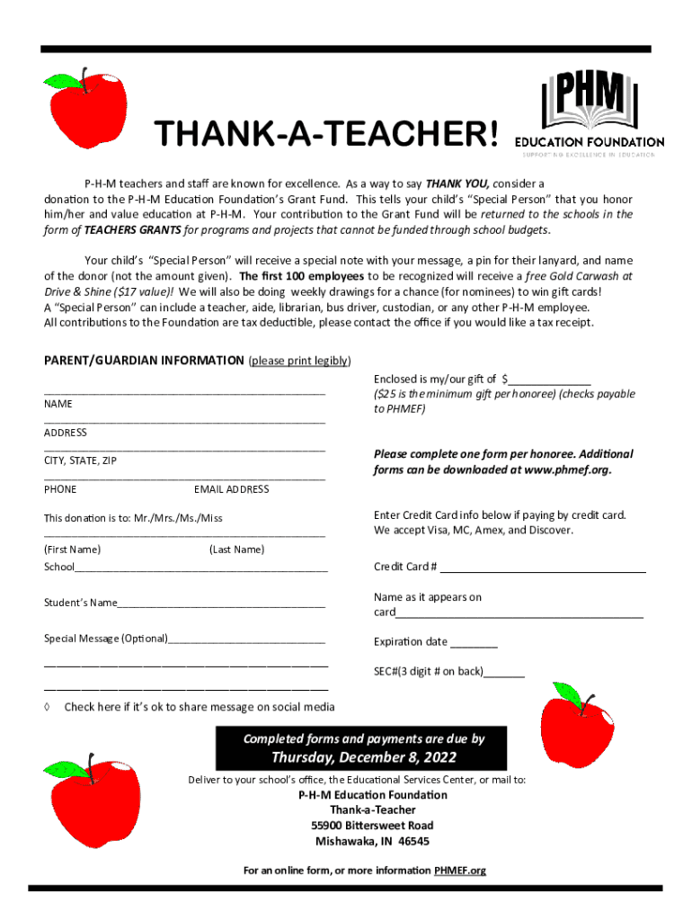 Fillable Online Dr. & Mrs. Thacker Donate $25000 to P-H-M Education ...