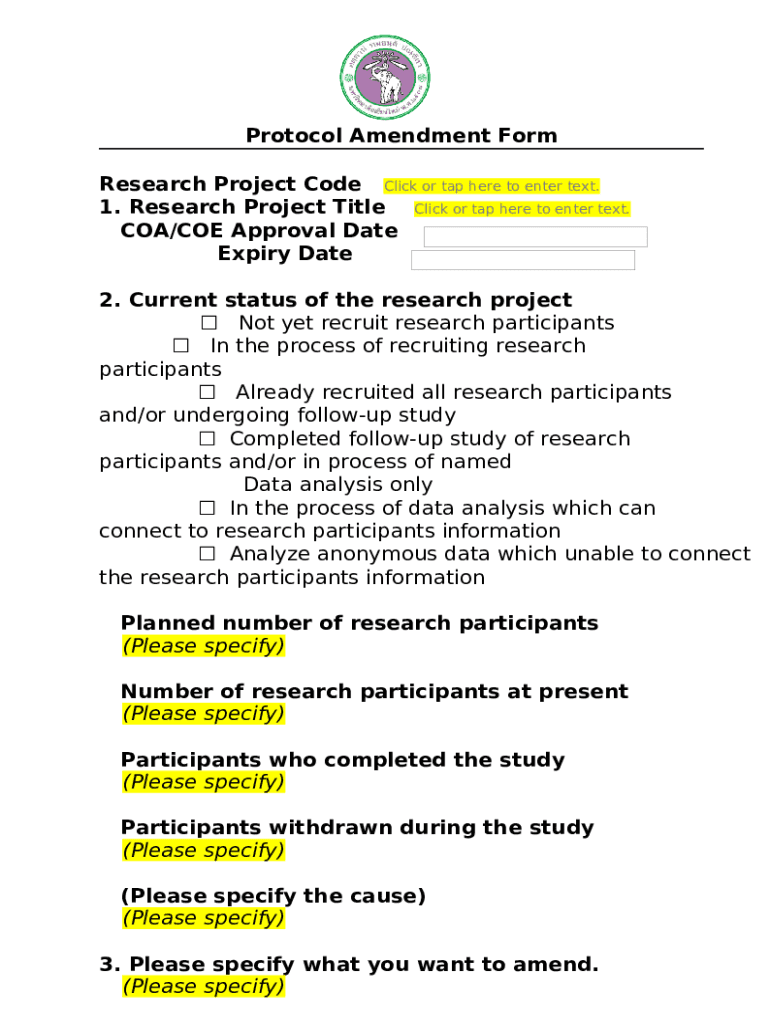Protocol Amendment Research Project Code Doc Template | pdfFiller