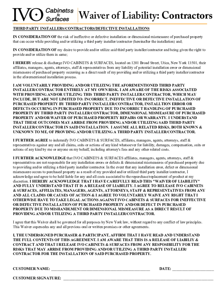 Fillable Online Waiver of Liability: Contractors - IVO Cabinets Fax ...