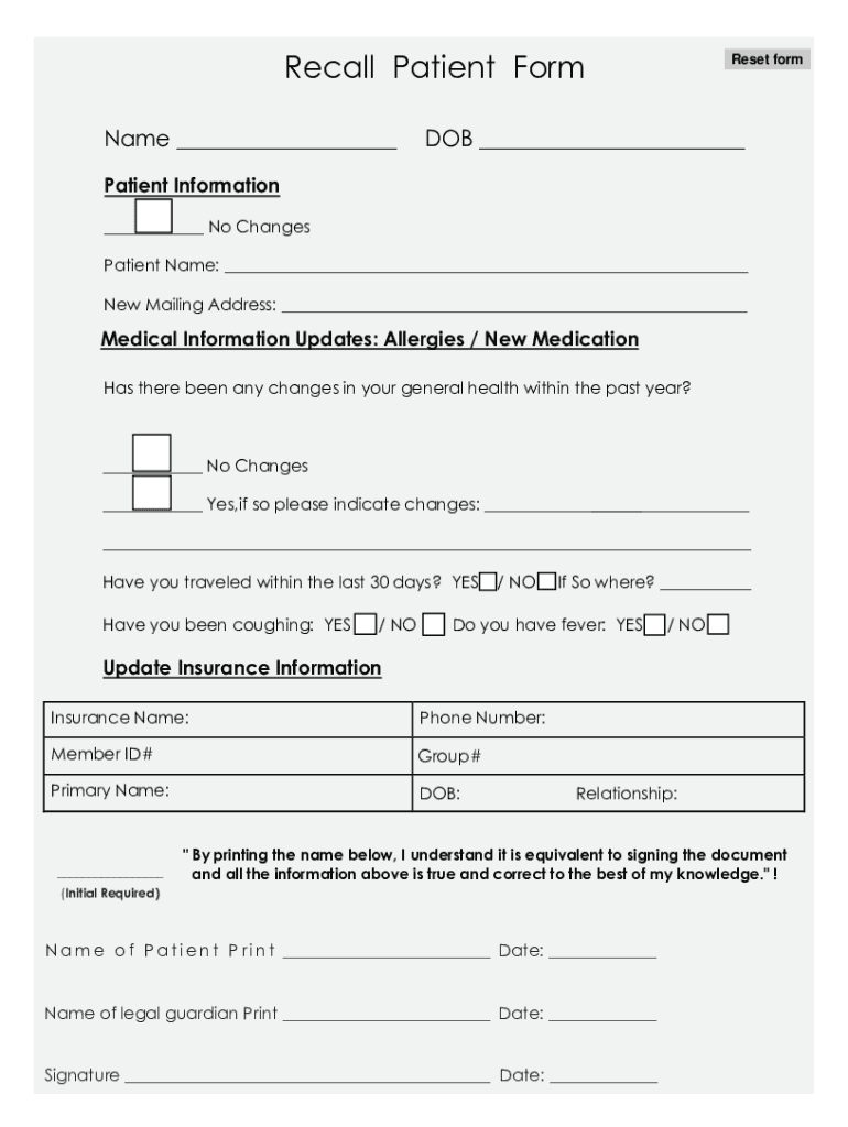 Fillable Online Recall patient form - MARANATHA DENTAL PRACTICE Fax ...