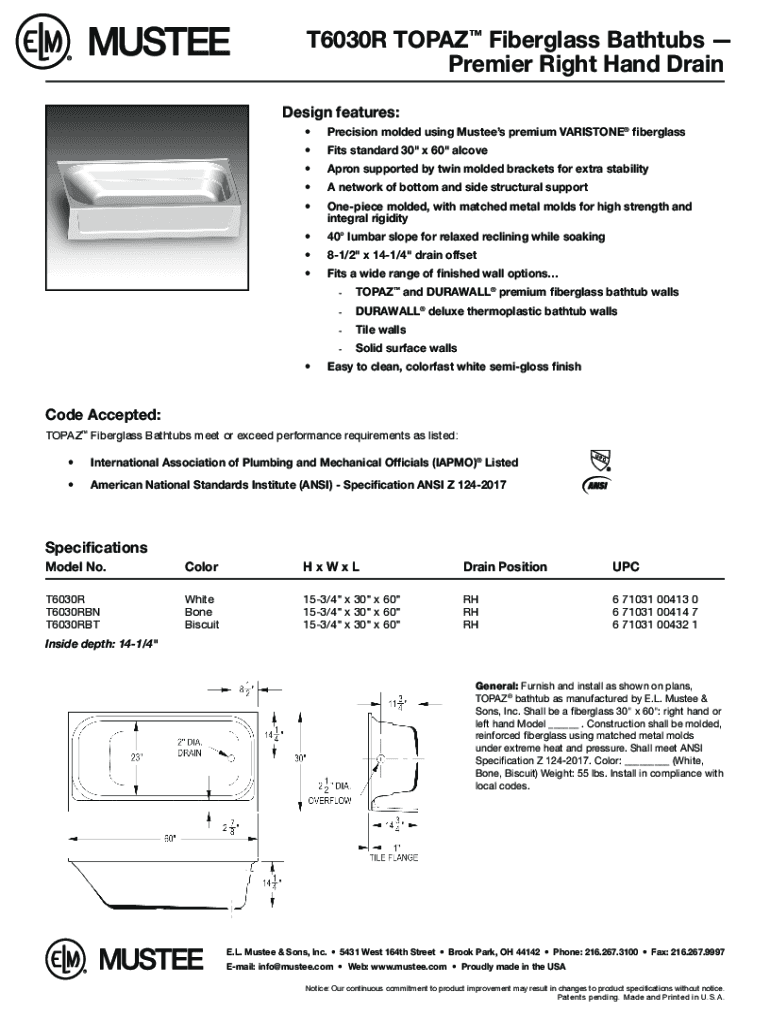 Fillable Online Mustee Topaz 60 In. L x 30 In. W x 16-1/2 In. D ... Fax ...