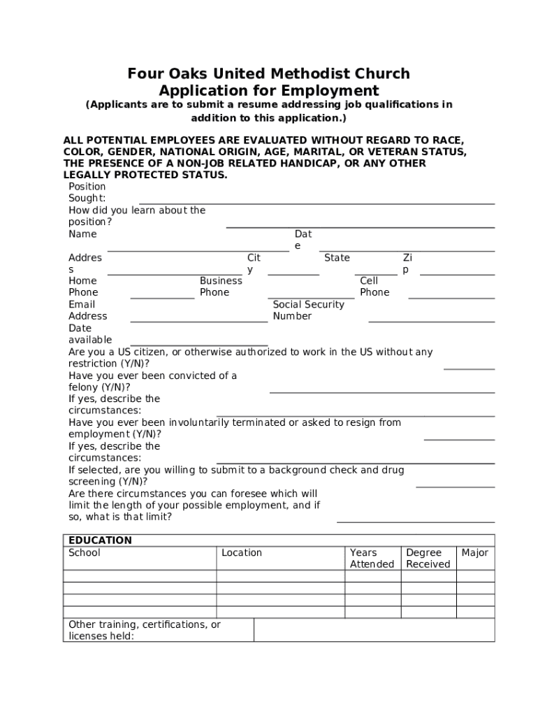 Four Oaks United Methodist Church Application for Employment Doc ...