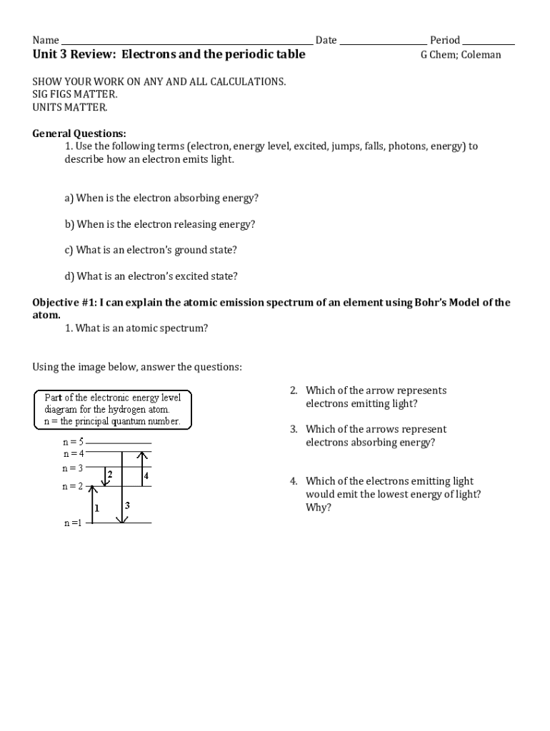 Fillable Online Unit 3 Review: Electrons and the periodic table Fax ...