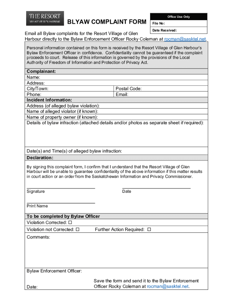Fillable Online Email all Bylaw complaints for the Resort Village of Glen Fax Email Print ...