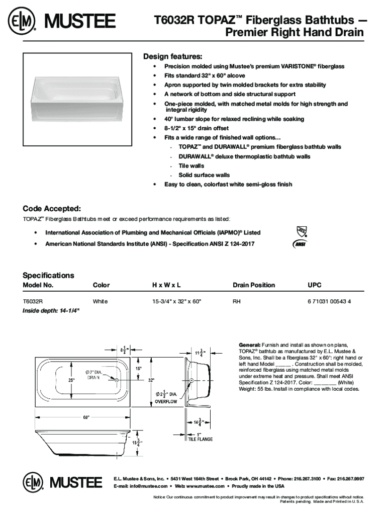 Fillable Online Mustee Topaz 3-Piece 60 In. L. x 32 In. D. (Bathtub ...