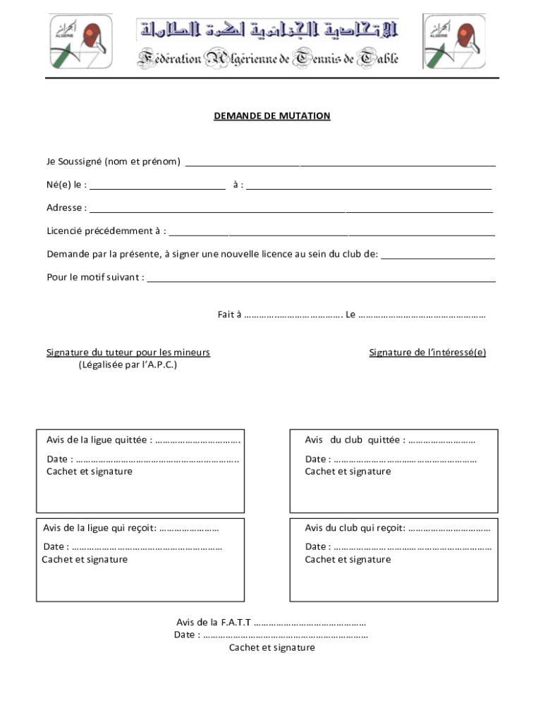 Remplissable En Ligne DEMANDE DE MUTATION Je Soussign (nom et prnom) Fax Email Imprimer - pdfFiller