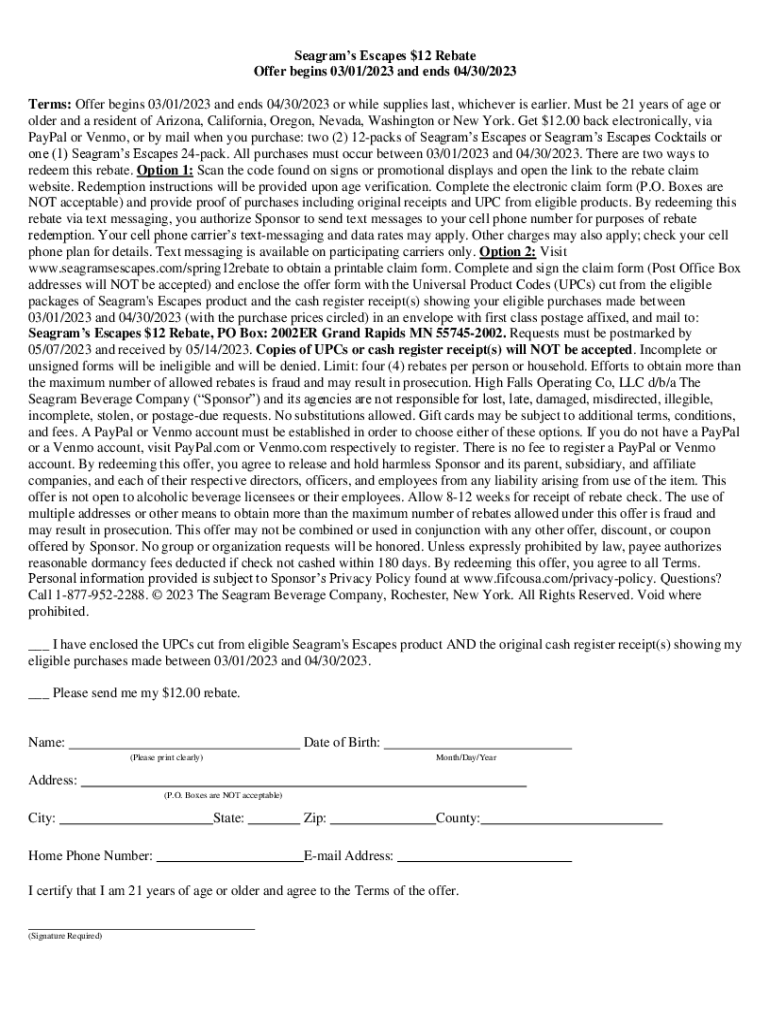 Seagram’s Escapes $12 Rebate Form - Blank Fillable Template | Fill Out ...