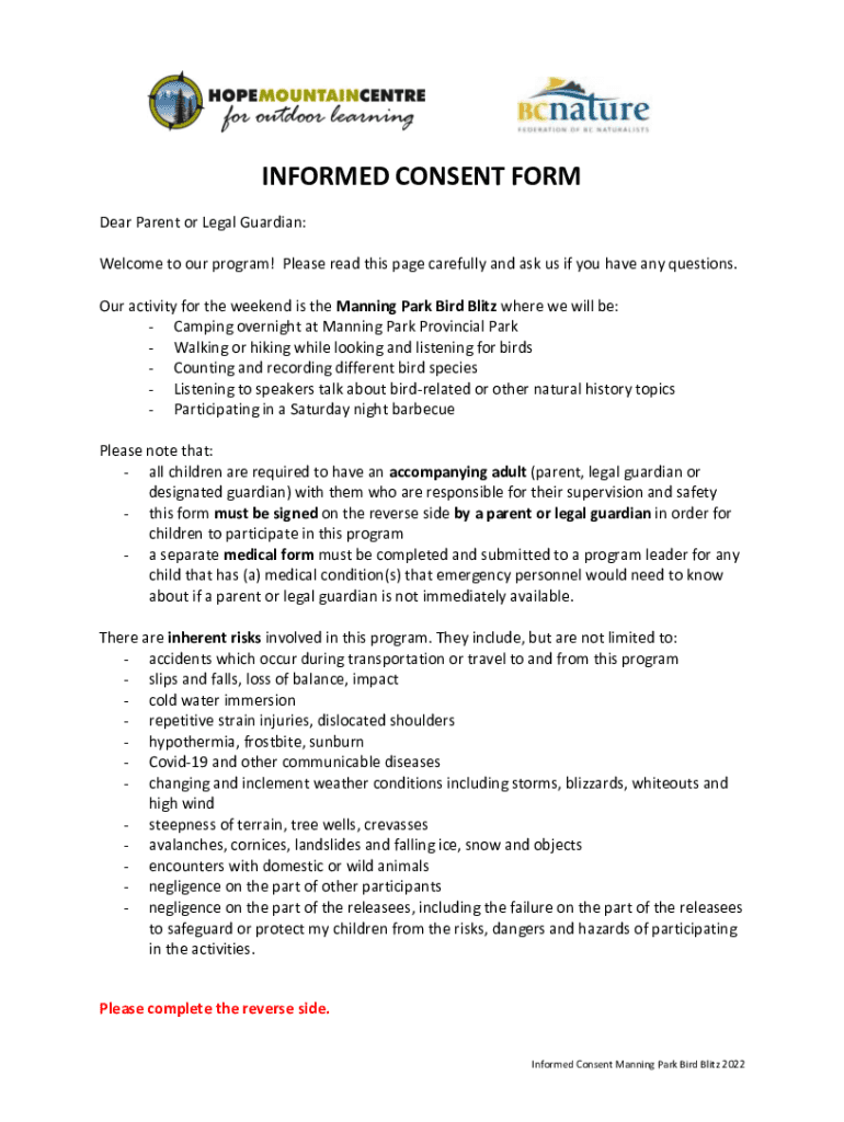 Fillable Online Our activity for the weekend is the Manning Park Bird ...
