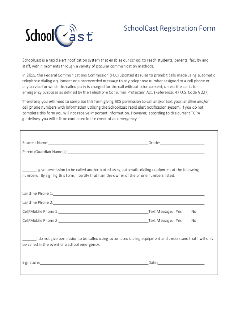 Fillable Online SchoolCast Registration Form - TCPA Compliance.docx Fax ...