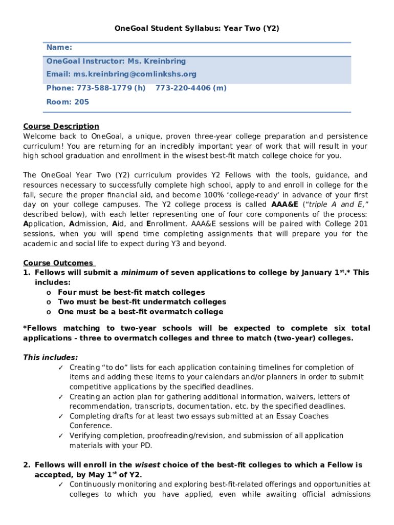 OneGoal Student Syllabus: Year Two (Y2) Doc Template | pdfFiller