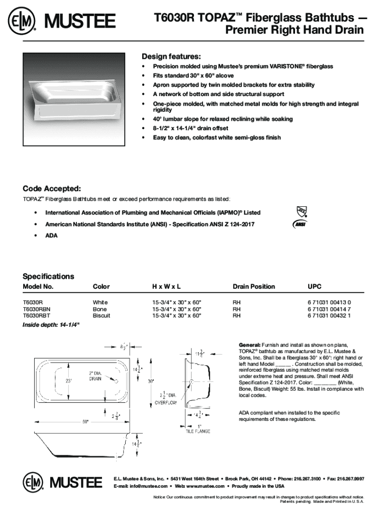 Fillable Online Mustee Topaz 30-in x 60-in White Solid Surface ... Fax ...