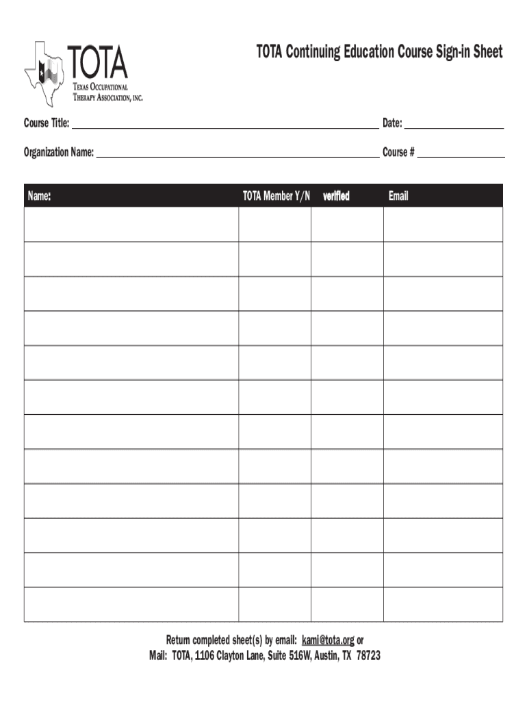 Remplissable En Ligne TOTA Continuing Education Course Sign-in Sheet ...