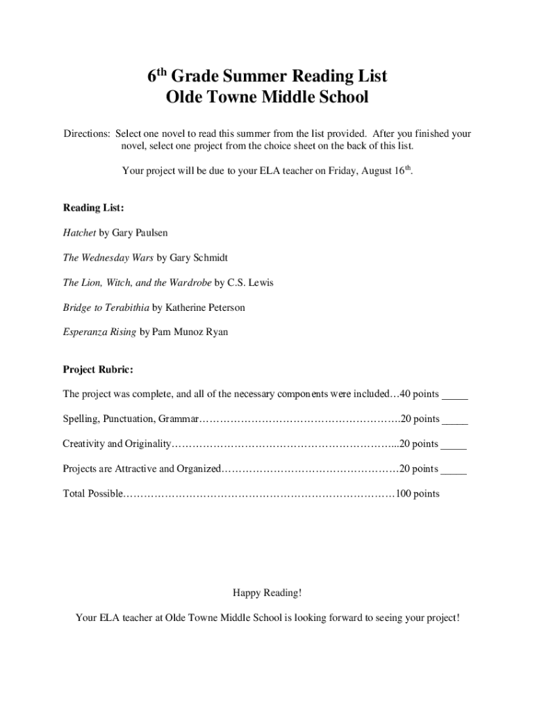 Fillable Online 6th Grade Summer Reading List Olde Towne Middle School ...