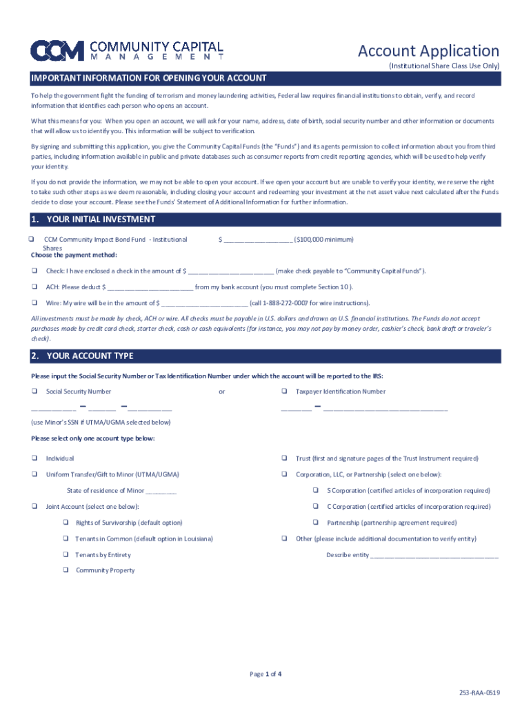 Fillable Online New Account ApplicationInvestor and Institutional Class ...