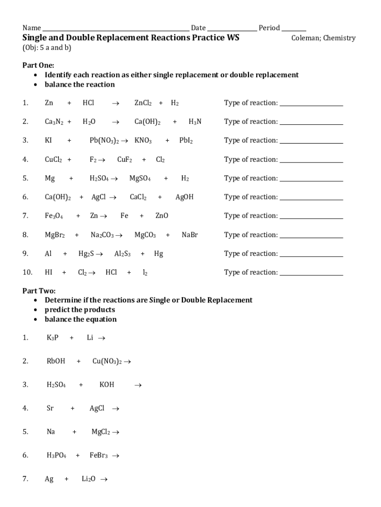 Fillable Online Single and Double Replacement Reactions Practice WS Fax ...